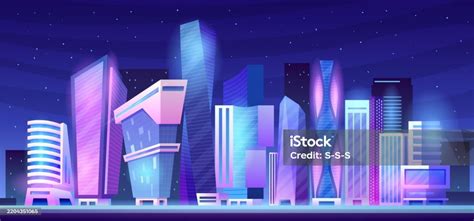 만화 미래 도시 대도시 미래 건물 건축 사이버 펑크 네온 마을 밤 풍경 현대 사무실 마천루 도시 풍경 게임 배경 호화로운 벡터 일러스트 레이 션 0명에 대한 스톡 벡터 아트