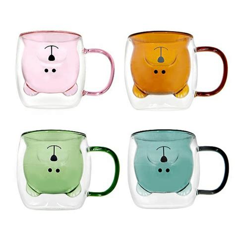 컬러 곰돌이 손잡이 이중 내열 유리컵 물컵 물잔 유리잔 티몬