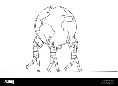 single continuous line drawing group of robots working together carry