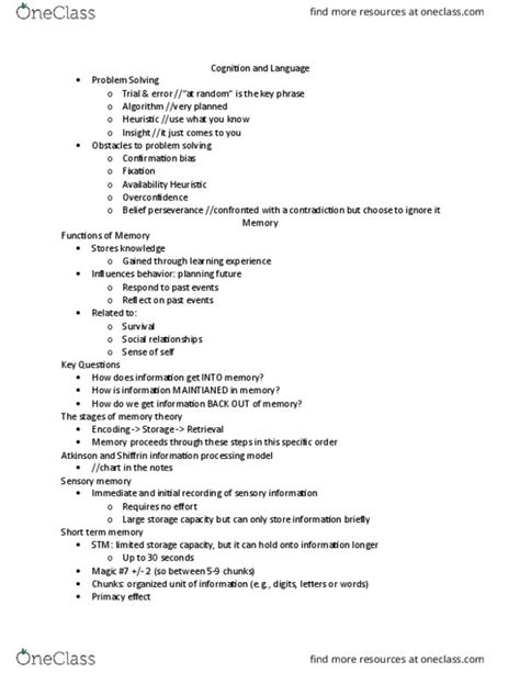 Psyc 1101 Lecture Notes Spring 2016 Lecture 20 Short Term Memory