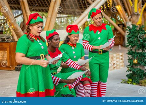 Cheerful Diversity Male And Female Christmas Elves Singing Song During