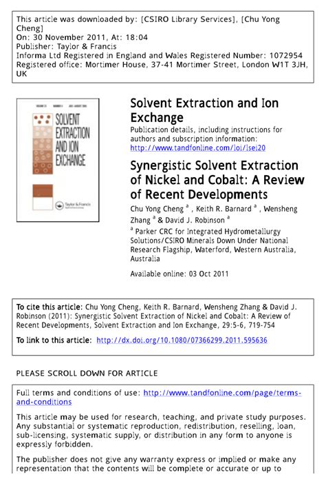 Pdf Synergistic Solvent Extraction Of Nickel And Cobalt A Review Of