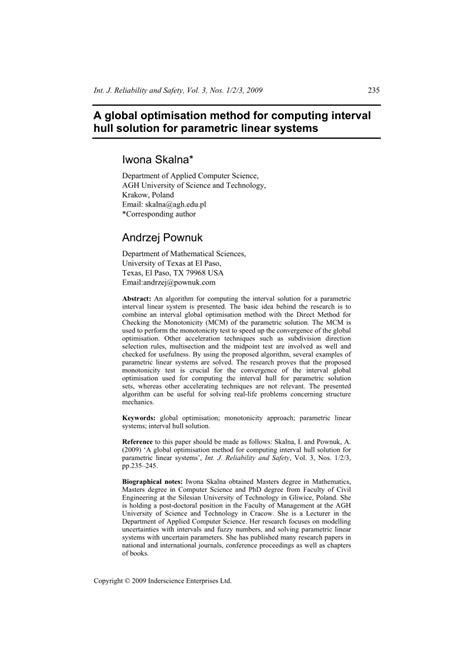 Pdf A Global Optimisation Method For Computing Interval Hull Solution For Parametric Linear
