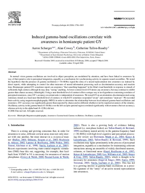 Pdf Induced Gamma Band Oscillations Correlate With Awareness In Hemianopic Patient Gy