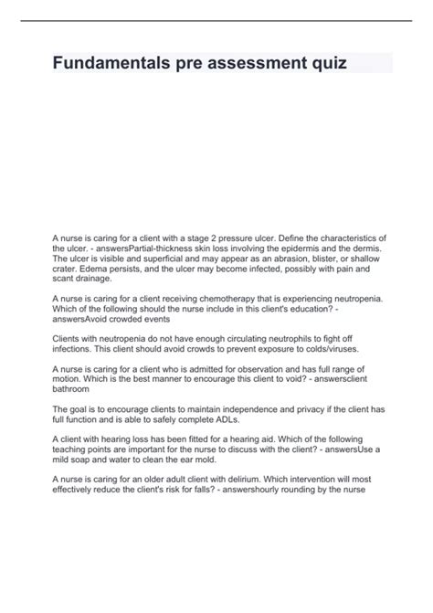 Fundamentals Pre Assessment Quiz Questions With Best Solutions Pn Vati Fundamentals Stuvia Us