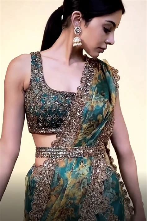 Buy Astha Narang Green Organza Floral Print Saree Set Online Aza Fashions