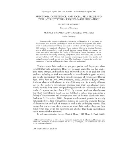 Pdf Autonomy Competence And Social Relatedness In Task Interest