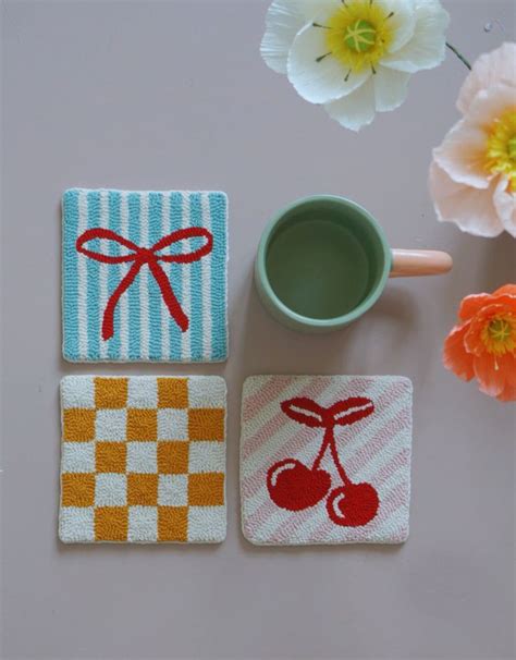 Punch Needle Embroidered Mug Rugs Bow Cherry And Checkered Design In