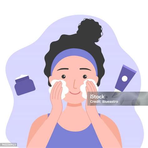 흰색 배경에 평평한 디자인으로 얼굴에 얼굴 피부 관리를 적용하는 젊은 여성 귀여운에 대한 스톡 벡터 아트 및 기타 이미지