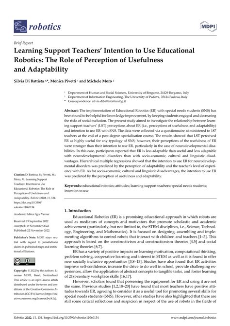 Pdf Learning Support Teachers Intention To Use Educational Robotics
