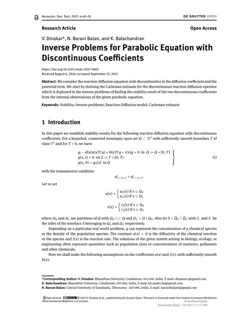 Pdf Inverse Problems For Parabolic Equation With Discontinuous