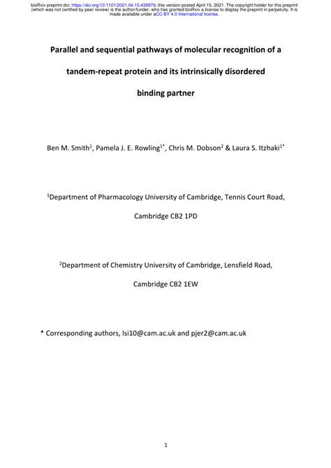 Pdf Parallel And Sequential Pathways Of Molecular Recognition Of A Tandem Repeat Protein And