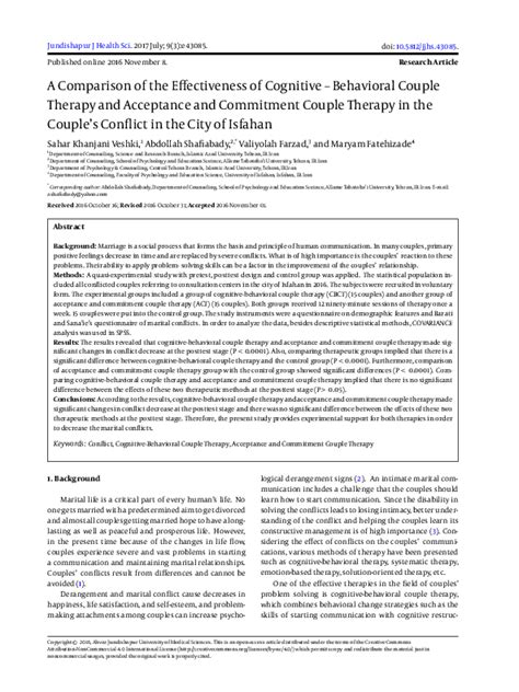 Pdf A Comparison Of The Effectiveness Of Cognitive Behavioral Couple Therapy And Acceptance
