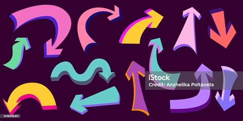 화살은 장난기 넘치는 다채로운 세트입니다 아이들을위한 기발한 다양한 화살표와 재미있는 디자인 벡터 그림입니다 장난스럽고 멋진 요소 트렌디한 심플한 일러스트 곡선에 대한 스톡