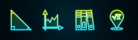 선 삼각형 수학 그래프 일정 차트 다이어그램 Office 폴더 및 X 글리프의 제곱근을 설정합니다 빛나는 네온 아이콘입니다 벡터