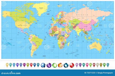 Colored Political World Map And 3d Globes With Navigation Icons Stock