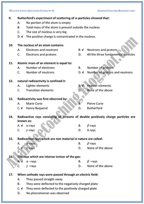 Adamjee Coaching XI Chemistry MCQs Atomic Structure
