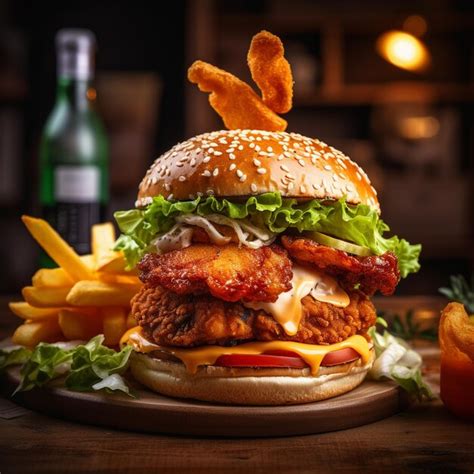 Hamburguesa Picante Y Ardiente Con Papas Fritas Cubiertas Con Verduras