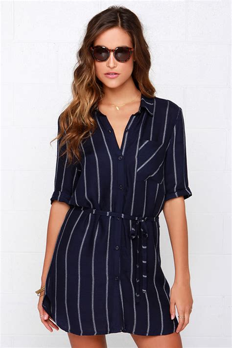Cute Navy Blue Dress Striped Dress Shirt Dress Lulus