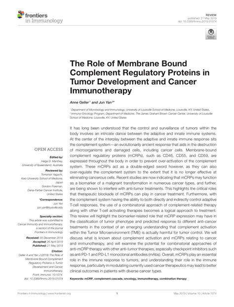 Pdf The Role Of Membrane Bound Complement Regulatory Proteins In Tumor Development And Cancer