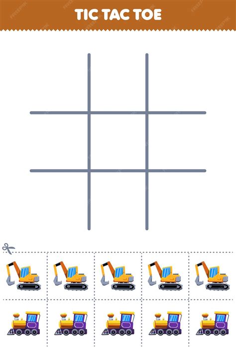 귀여운 만화 굴착기와 기관차 기차 사진 인쇄 가능한 교통 워크시트가 포함된 어린이용 틱택토 교육 게임 프리미엄 벡터