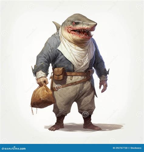 Dynamic Troubadour Style Old Man Confronts Shark In Detailed Character