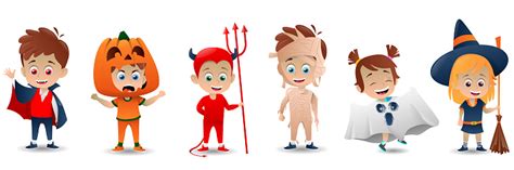 할로윈 의상 세트 무서운 캐릭터 의상 컬렉션 무서운 괴물의 소년과 소녀는 만화 일러스트를 의상 벡터 일러스트레이션 사람들에 대한 스톡 벡터 아트 및 기타 이미지 Istock