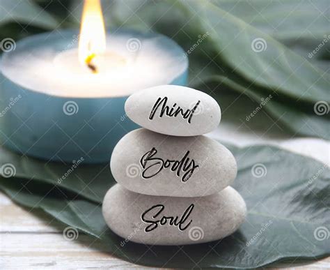 Mind Body And Soul Words Engraved On Zen Stones Zen Concept Stock