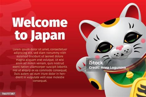 일본 마네키 네코가 오른쪽 발 행운의 고양이를 흔드는 배너 환영 3차원 형태에 대한 스톡 벡터 아트 및 기타 이미지 3차원 형태 귀여운 금 금속 Istock