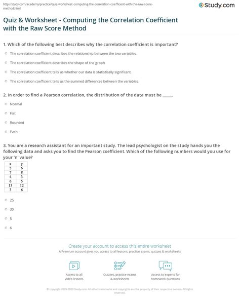 Quiz & Worksheet - Computing the Correlation Coefficient with the Raw ...