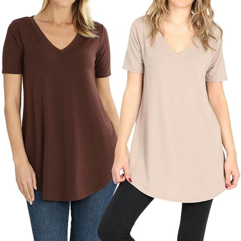 Thelovely Women Short Sleeve V Neck Round Hem Relaxed Fit Casual Tee