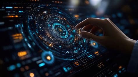 Futuristic Hand Interacting Digital Interface Displaying Complex Data Holographic Elements Stock ...