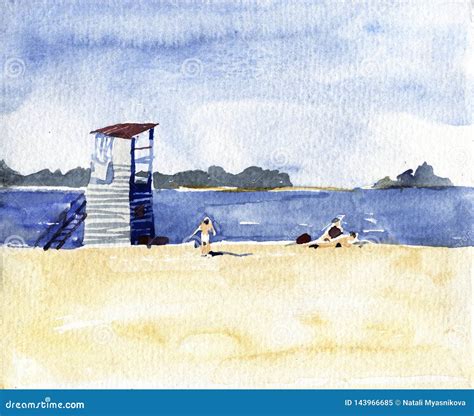 People On The Beach Watercolor Hand Drawn Illustration Stock