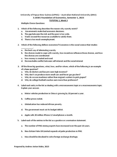 Tutorial 1 Week 3 Pdf Economics Papua New Guinea