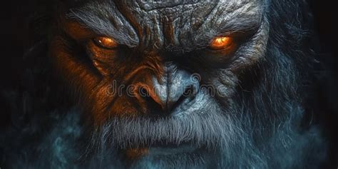 Fearsome Bigfoot Close Up Illustration With Glowing Eyes Stock