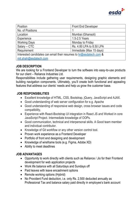 Esda Infotech On Linkedin Esdainfotech Hiring Frontenddeveloper