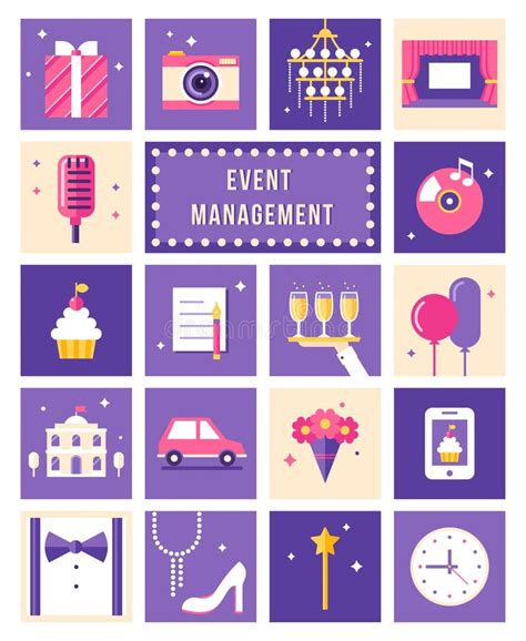 Event Management Party And Celebration Flat Style Icons Set Stock