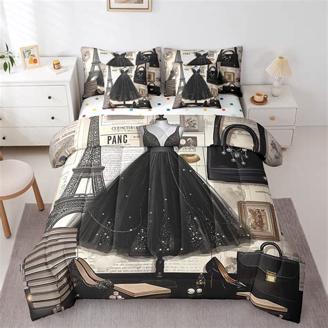 7 Piece Black Girly Dress Bed In A Bag Full Size Eiffel Tower Paris