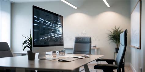 Modern Workspace With Computer Setup And Minimalist Decor In Bright Office Environment Stock