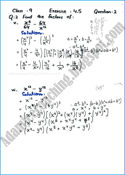 Adamjee Coaching Factorization Exercise 4 5 Mathematics 9th