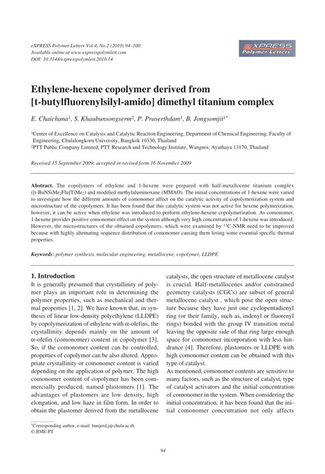 Pdf Ethylene Hexene Copolymer Derived From [t Butylfluorenylsilyl Amido] Dimethyl Titanium Complex