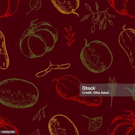 가을 수확 야채 호박 낙서 매끄러운 패턴 잉크 스케치 스타일의 손으로 그린 벡터 배경 화면 추상색 식물 배경 디자인 인쇄 포장 직물 직물 장식용 0명에 대한 스톡 벡터 아트