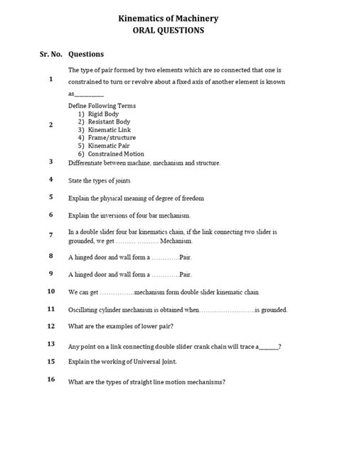Kom Oral Practical Exam Question Bank Pdf Kinematics Gear