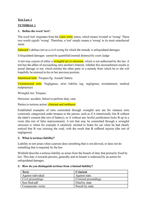 Tort Law Tutorial 1 Tort Law 1 Tutorial 1 1 Define The Word ‘tort