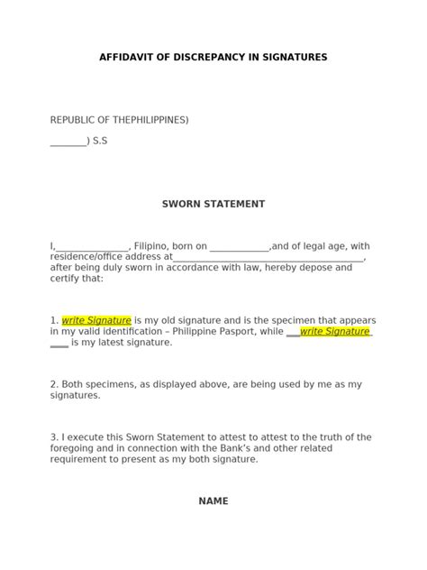 Affidavit Of Signature Descrepancy Pdf Law