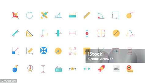 크기 면적 및 각도 너비 및 길이를 측정하는 치수 화살표 색상 아이콘 세트 3차원 형태에 대한 스톡 벡터 아트 및 기타 이미지 3차원 형태 M2 기관총 각도 Istock