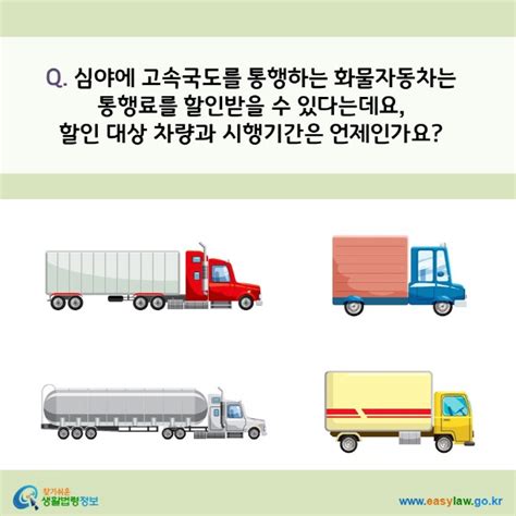 카드뉴스 화물자동차 운송사업개인 심야에 고속국도를 통행하는 화물자동차는 통행료를 할인받을 수 있다는데요 할인 대상 차량과 시행기간은 언제인가요 찾기쉬운
