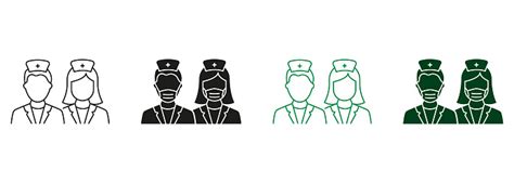 남성 및 여성 의사 전문가 블랙 및 컬러 픽토그램 컬렉션 의사 남자와 여자 기호 세트입니다 메딕 프로페셔널 어시스턴트 라인과 실루엣 아이콘 세트 격리된 벡터 그림 2명에