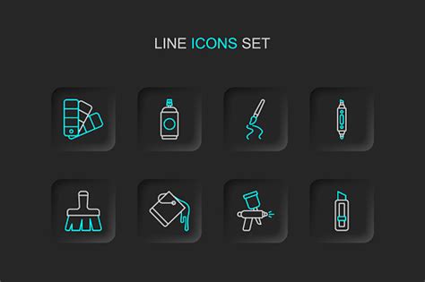 라인 편지지 칼 페인트 스프레이 건 양동이 브러시 마커 펜 캔 및 색상 팔레트 가이드 아이콘을 설정합니다 벡터 고정됨에 대한 스톡 벡터 아트 및 기타 이미지 Istock