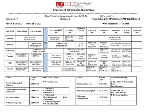 Bca 1st Sem 2023 24 D Div Original Timetable Pdf Computing